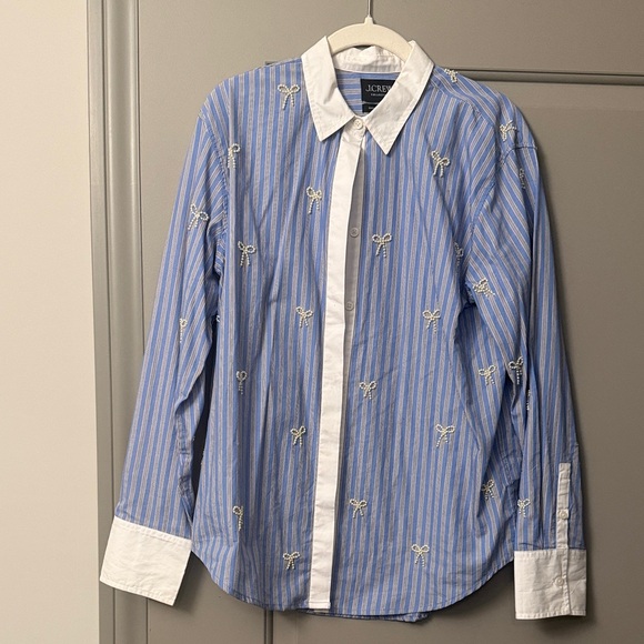 J. Crew | Tops | J Crew Blue And White Striped Shirt With Bow Accents ...